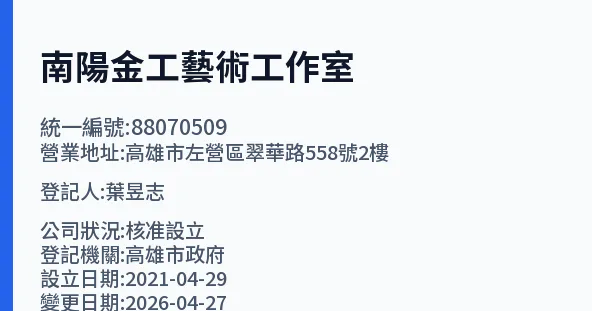 南陽金工藝術工作室的照片-統編 88070509(高雄市) 公司登記資料與營業項目詳細圖表