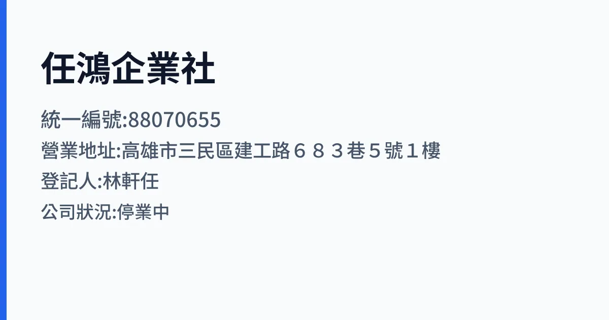 任鴻企業社 - 統編 88070655(高雄市) 公司登記資料與營業項目詳細圖表