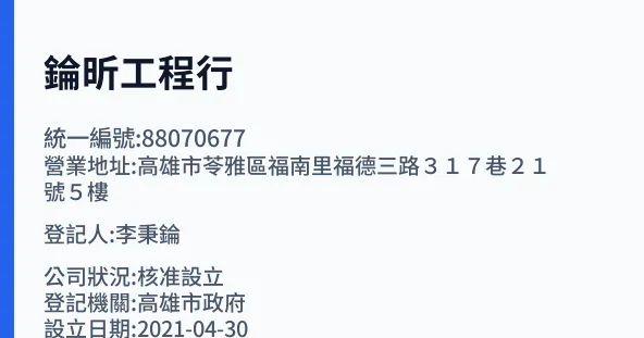 錀昕工程行的照片-統編 88070677(高雄市) 公司登記資料與營業項目詳細圖表