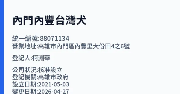 內門內豐台灣犬的照片-統編 88071134(高雄市) 公司登記資料與營業項目詳細圖表