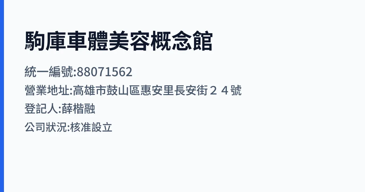 駒庫車體美容概念館 - 統編 88071562(高雄市) 公司登記資料與營業項目詳細圖表