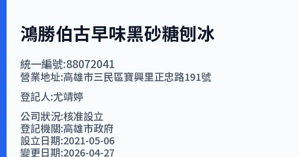 鴻勝伯古早味黑砂糖刨冰的照片-統編 88072041(高雄市) 公司登記資料與營業項目詳細圖表