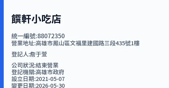 饌軒小吃店的照片-統編 88072350(高雄市) 公司登記資料與營業項目詳細圖表