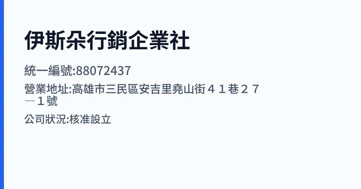 伊斯朵行銷企業社 - 統編 88072437(高雄市) 公司登記資料與營業項目詳細圖表