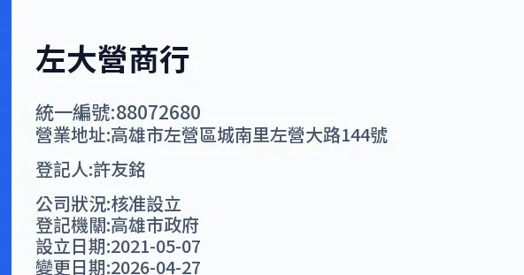 左大營商行的照片-統編 88072680(高雄市) 公司登記資料與營業項目詳細圖表