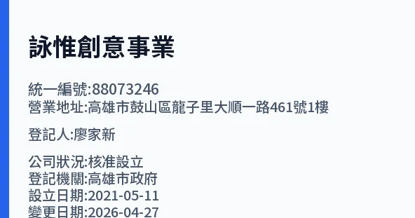 詠惟創意事業的照片-統編 88073246(高雄市) 公司登記資料與營業項目詳細圖表