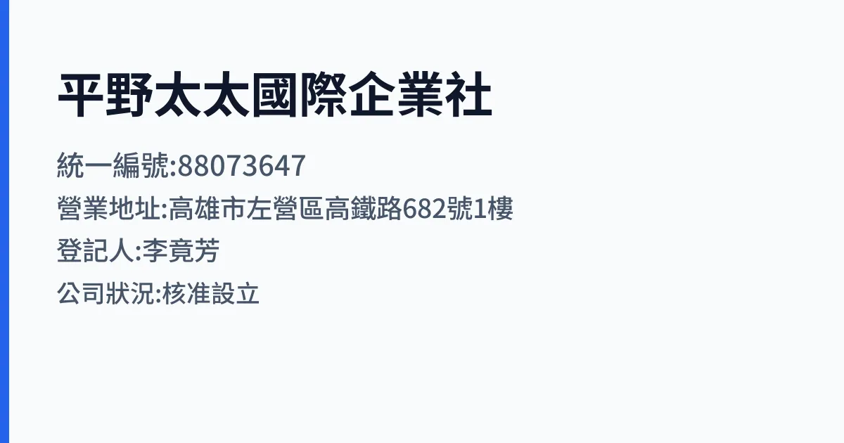 平野太太國際企業社 - 統編 88073647(高雄市) 公司登記資料與營業項目詳細圖表
