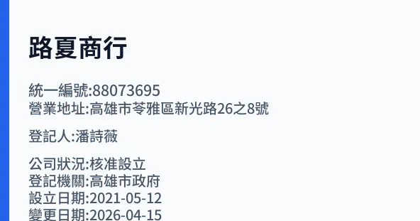 路夏商行的照片-統編 88073695(高雄市) 公司登記資料與營業項目詳細圖表
