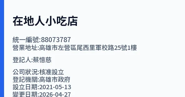 在地人小吃店的照片-統編 88073787(高雄市) 公司登記資料與營業項目詳細圖表