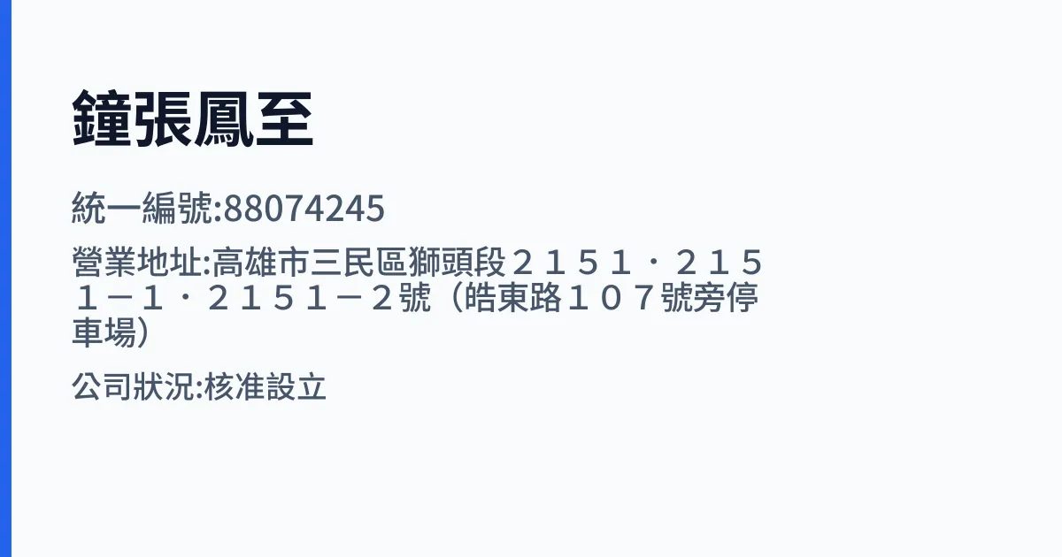 鐘張鳳至 - 統編 88074245(高雄市) 公司登記資料與營業項目詳細圖表