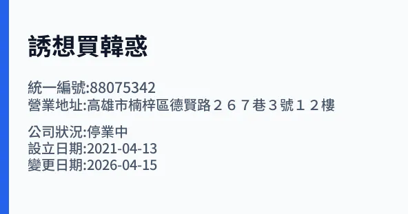 誘想買韓惑的照片-統編 88075342(高雄市) 公司登記資料與營業項目詳細圖表