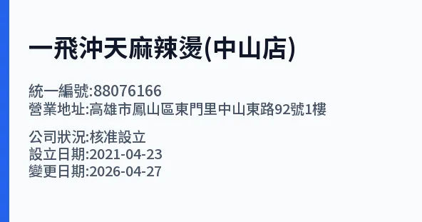 一飛沖天麻辣燙(中山店)的照片-統編 88076166(高雄市) 公司登記資料與營業項目詳細圖表