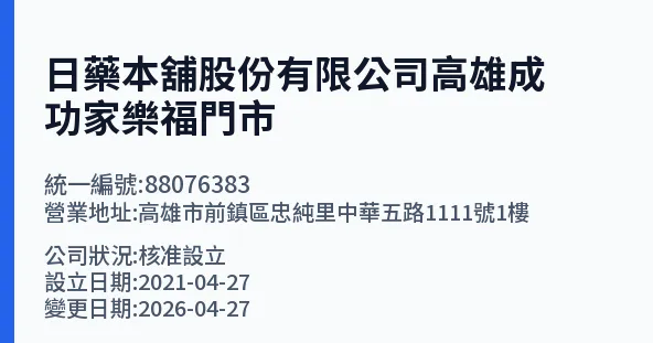 日藥本舖股份有限公司高雄成功家樂福門市的照片-統編 88076383(高雄市) 公司登記資料與營業項目詳細圖表