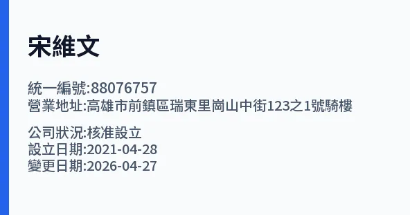 宋維文的照片-統編 88076757(高雄市) 公司登記資料與營業項目詳細圖表