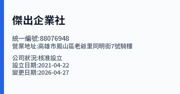 傑出企業社的照片-統編 88076948(高雄市) 公司登記資料與營業項目詳細圖表