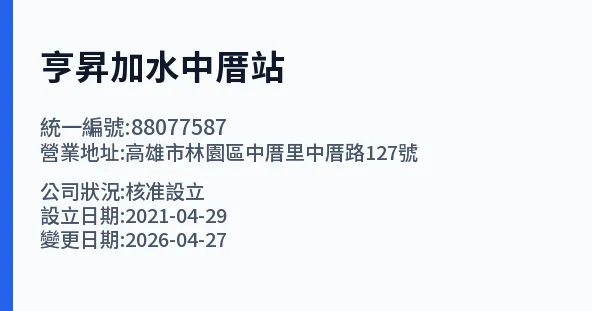 亨昇加水中厝站的照片-統編 88077587(高雄市) 公司登記資料與營業項目詳細圖表