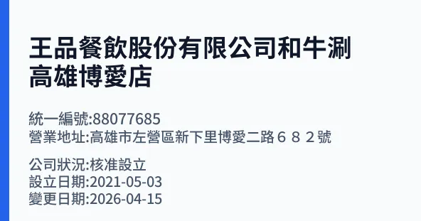 王品餐飲股份有限公司和牛涮高雄博愛店的照片-統編 88077685(高雄市) 公司登記資料與營業項目詳細圖表