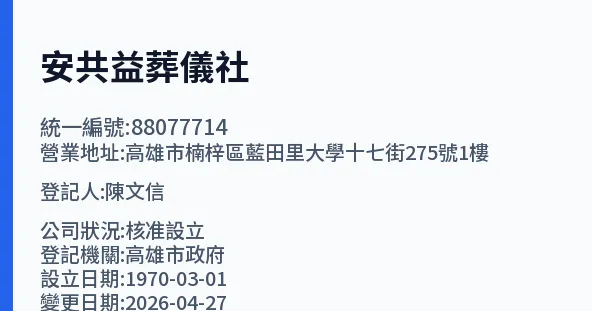 安共益葬儀社的照片-統編 88077714(高雄市) 公司登記資料與營業項目詳細圖表