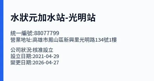 水狀元加水站-光明站的照片-統編 88077799(高雄市) 公司登記資料與營業項目詳細圖表