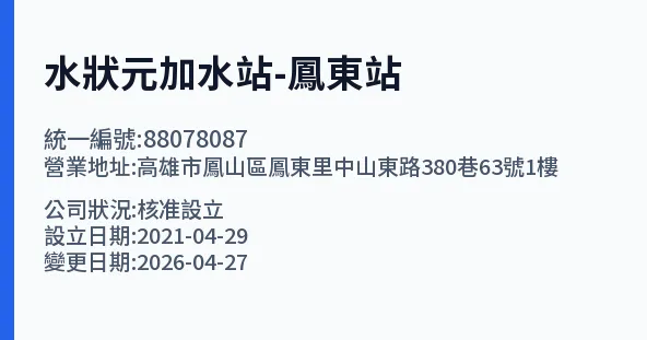 水狀元加水站-鳳東站的照片-統編 88078087(高雄市) 公司登記資料與營業項目詳細圖表