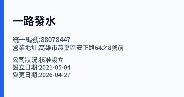 一路發水的照片-統編 88078447(高雄市) 公司登記資料與營業項目詳細圖表
