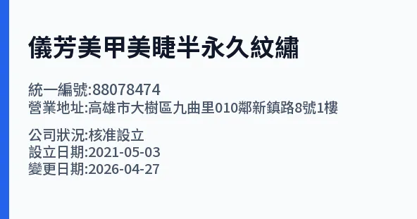 儀芳美甲美睫半永久紋繡的照片-統編 88078474(高雄市) 公司登記資料與營業項目詳細圖表