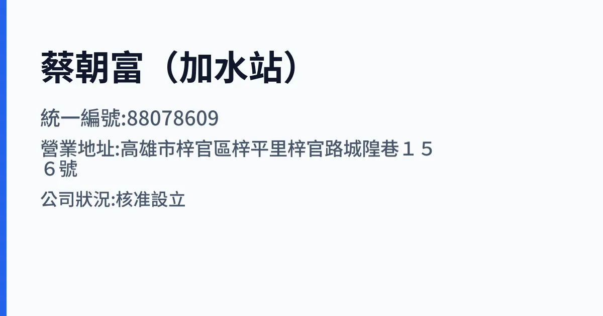 蔡朝富(加水站) - 統編 88078609(高雄市) 公司登記資料與營業項目詳細圖表