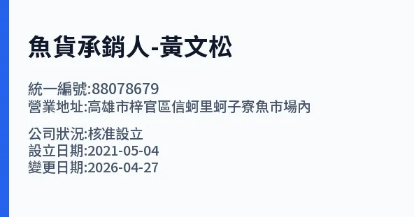 魚貨承銷人-黃文松的照片-統編 88078679(高雄市) 公司登記資料與營業項目詳細圖表