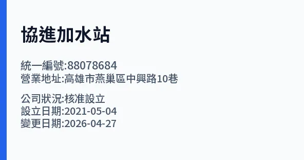 協進加水站的照片-統編 88078684(高雄市) 公司登記資料與營業項目詳細圖表
