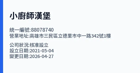 小廚師漢堡的照片-統編 88078740(高雄市) 公司登記資料與營業項目詳細圖表