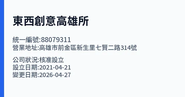 東西創意高雄所的照片-統編 88079311(高雄市) 公司登記資料與營業項目詳細圖表