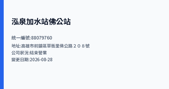 泓泉加水站佛公站的照片-統編 88079760(高雄市) 公司登記資料與營業項目詳細圖表