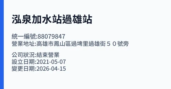 泓泉加水站過雄站的照片-統編 88079847(高雄市) 公司登記資料與營業項目詳細圖表