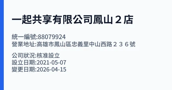 一起共享有限公司鳳山２店的照片-統編 88079924(高雄市) 公司登記資料與營業項目詳細圖表