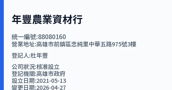 年豐農業資材行的照片-統編 88080160(高雄市) 公司登記資料與營業項目詳細圖表