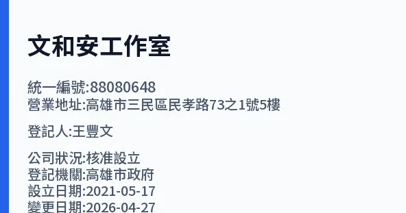 文和安工作室的照片-統編 88080648(高雄市) 公司登記資料與營業項目詳細圖表
