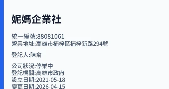妮媽企業社的照片-統編 88081061(高雄市) 公司登記資料與營業項目詳細圖表
