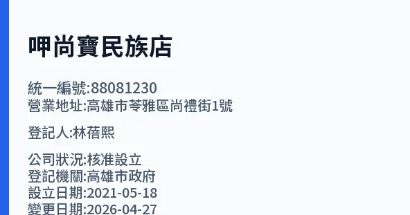 呷尚寶民族店的照片-統編 88081230(高雄市) 公司登記資料與營業項目詳細圖表