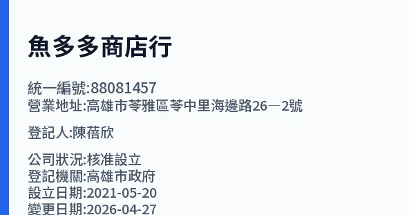 魚多多商店行的照片-統編 88081457(高雄市) 公司登記資料與營業項目詳細圖表