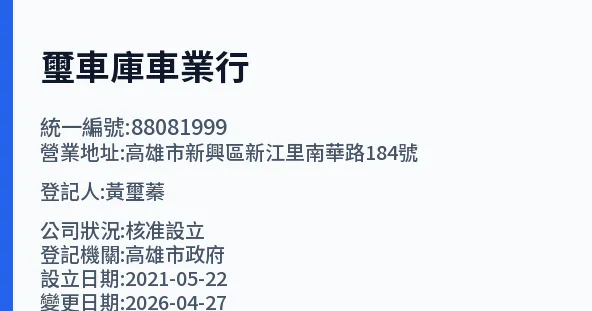 璽車庫車業行的照片-統編 88081999(高雄市) 公司登記資料與營業項目詳細圖表