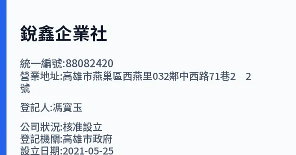 銳鑫企業社的照片-統編 88082420(高雄市) 公司登記資料與營業項目詳細圖表
