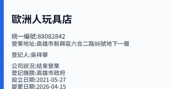 歐洲人玩具店的照片-統編 88082842(高雄市) 公司登記資料與營業項目詳細圖表