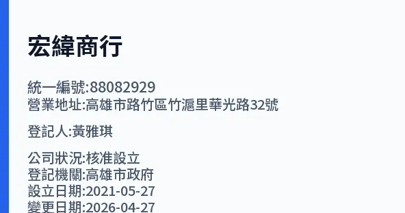 宏緯商行的照片-統編 88082929(高雄市) 公司登記資料與營業項目詳細圖表