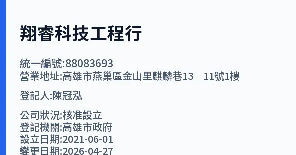 翔睿科技工程行的照片-統編 88083693(高雄市) 公司登記資料與營業項目詳細圖表