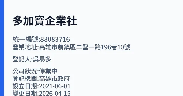 多加寶企業社的照片-統編 88083716(高雄市) 公司登記資料與營業項目詳細圖表