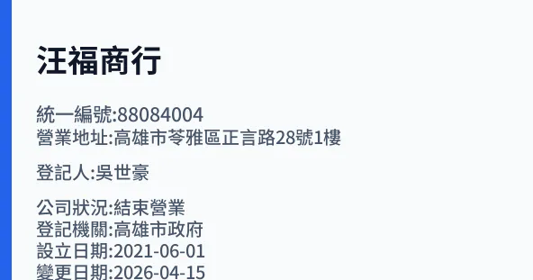 汪福商行的照片-統編 88084004(高雄市) 公司登記資料與營業項目詳細圖表