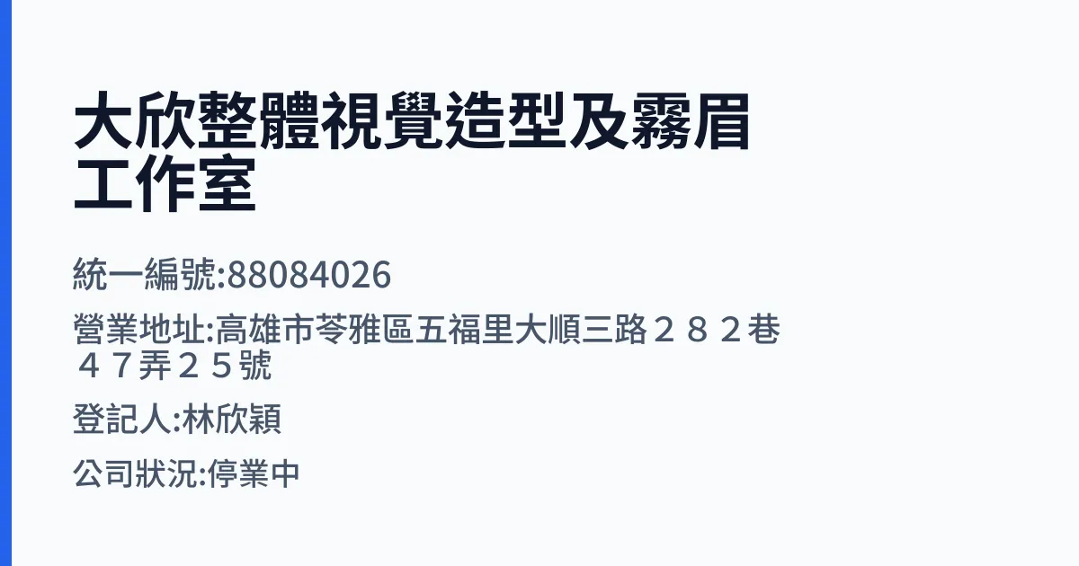 大欣整體視覺造型及霧眉工作室 - 統編 88084026(高雄市) 公司登記資料與營業項目詳細圖表