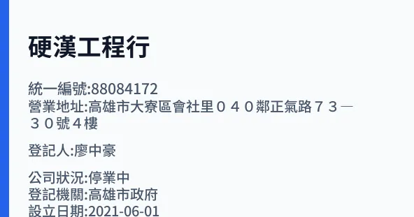 硬漢工程行的照片-統編 88084172(高雄市) 公司登記資料與營業項目詳細圖表