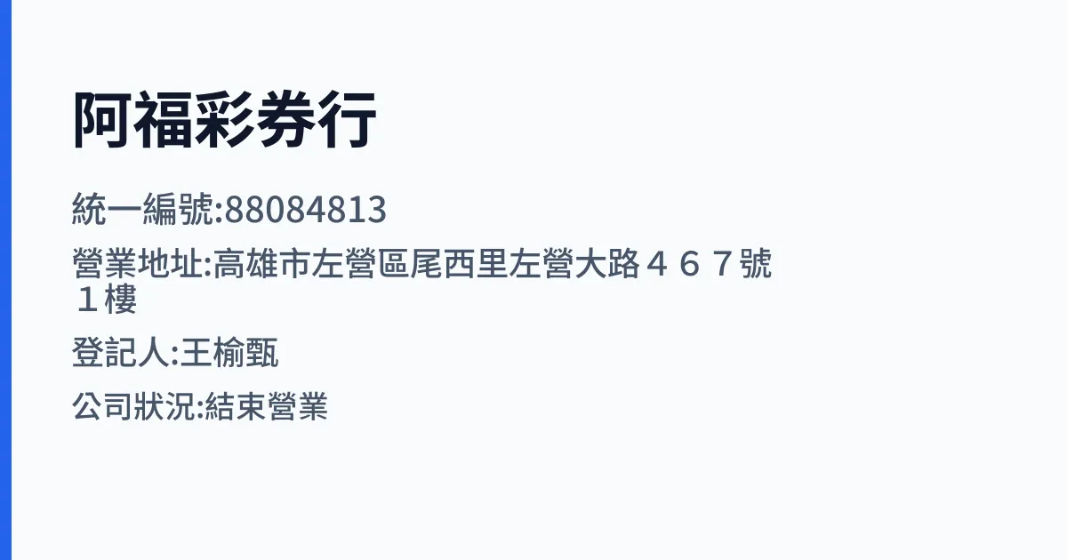 阿福彩券行 - 統編 88084813(高雄市) 公司登記資料與營業項目詳細圖表