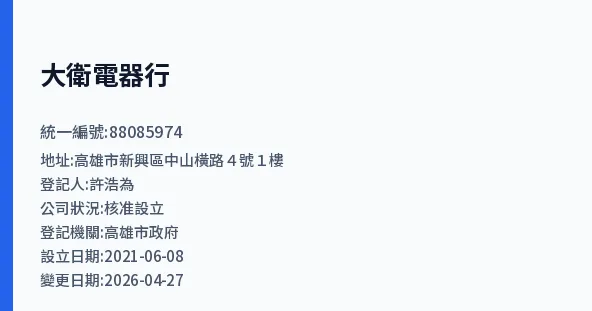 大衛電器行的照片-統編 88085974(高雄市) 公司登記資料與營業項目詳細圖表